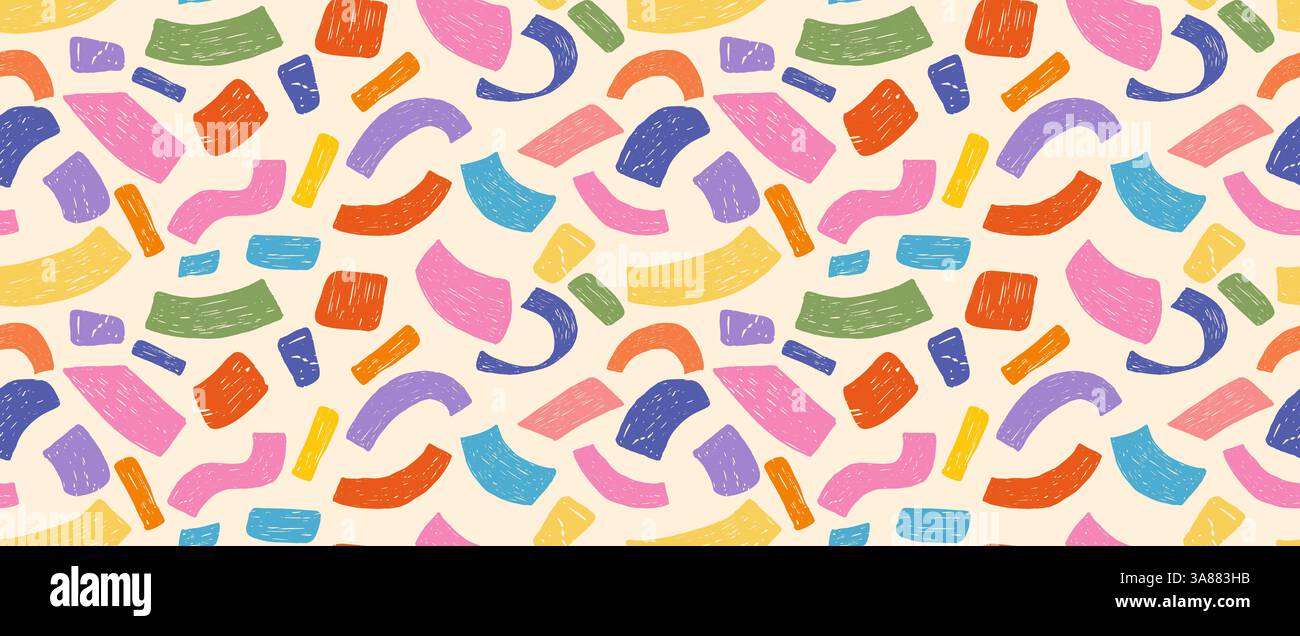 Colorful seamless pattern with bold falling confetti shapes in trendy crayon drawing style ...