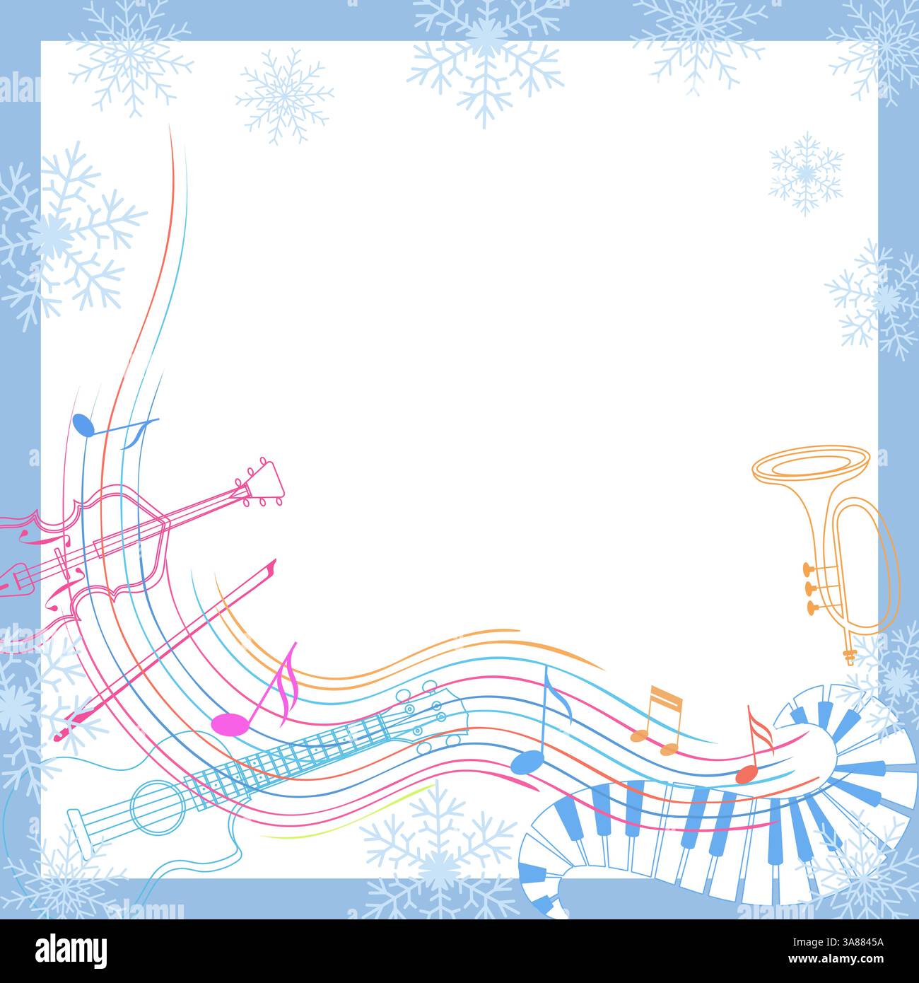 Music design. Musical frame. Square blue frame with guitar, violin ...