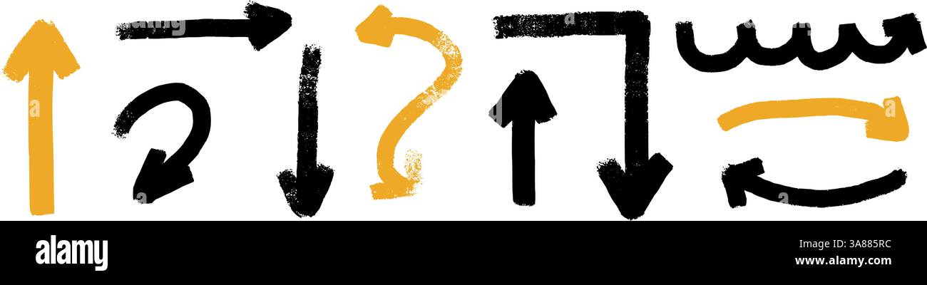 black and yellow Hand-draw brush arrows with doodle marks. Flat vector ...