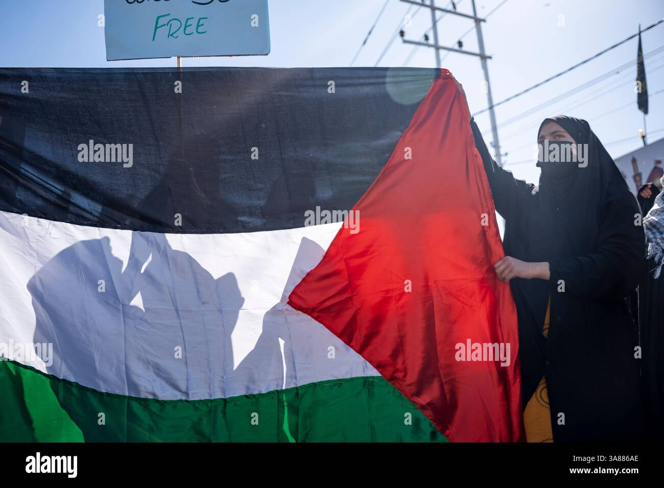 A Muslim woman holds Palestinian flag during a rally marking Quds day ...