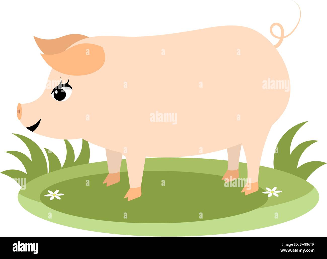 Farm Animals. Cute farm. A pink pig stands on green grass. Collection ...