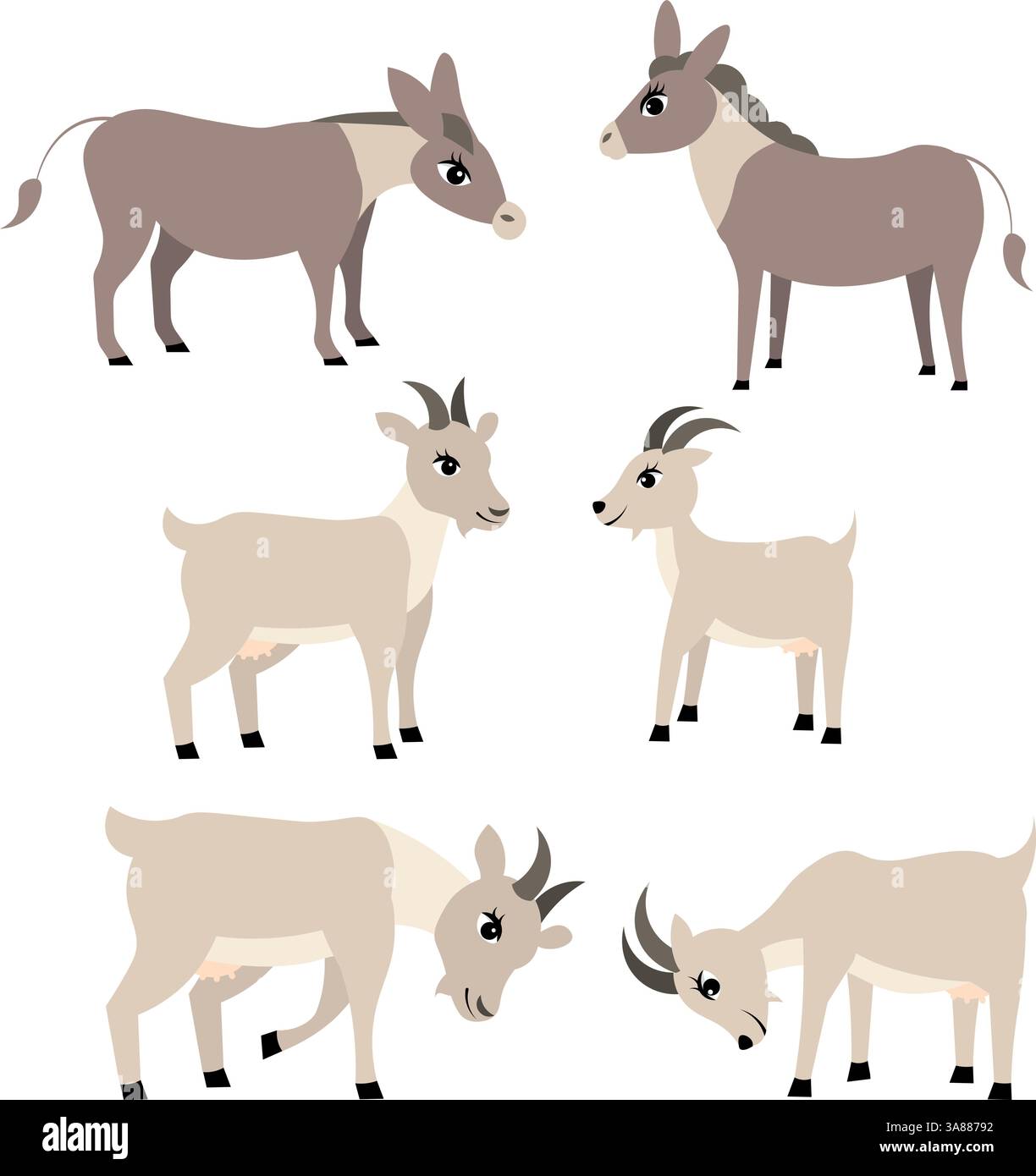Farm Animals. Cute farm. Set of donkeys and goats. Collection of farm ...