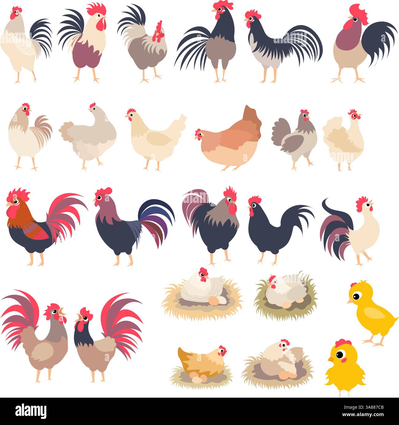 Farm Animals. Cute farm. Set of roosters and hens. Collection of farm ...
