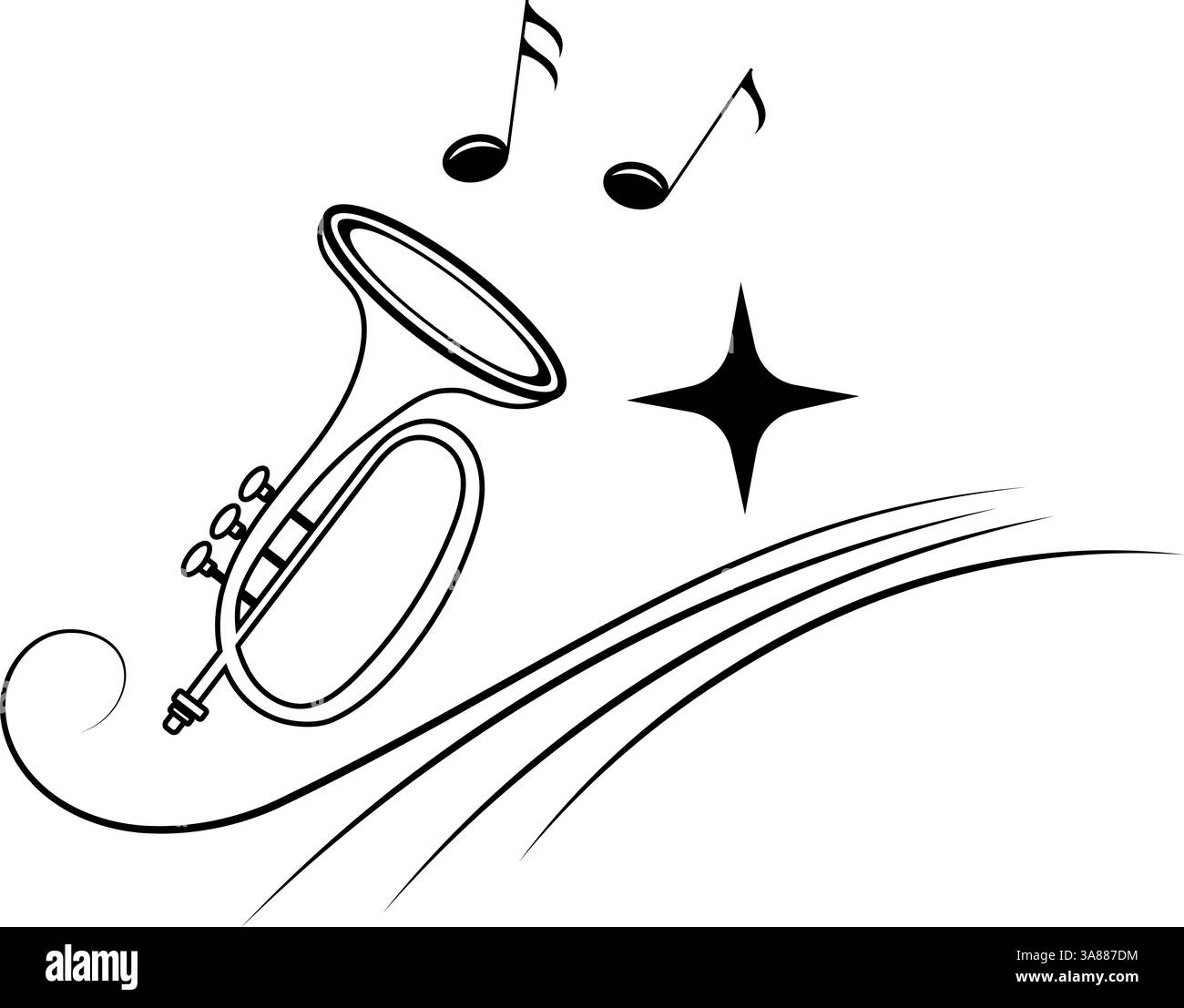 Music design. Musical trumpet, notes and stars. For concert, music ...