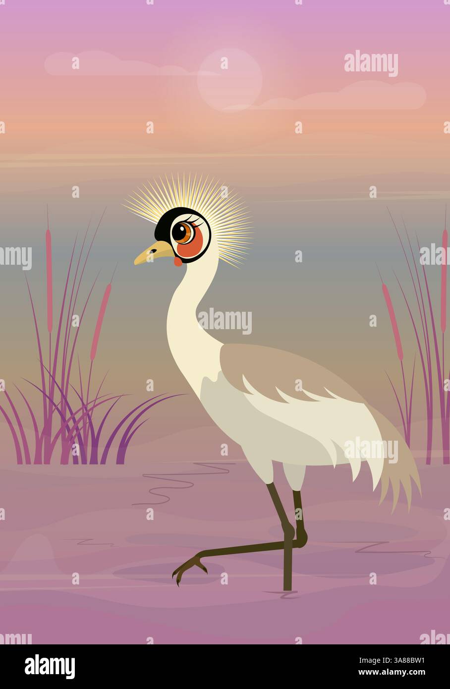Vector birds. A heron stands in a swamp during sunset. Animals ...