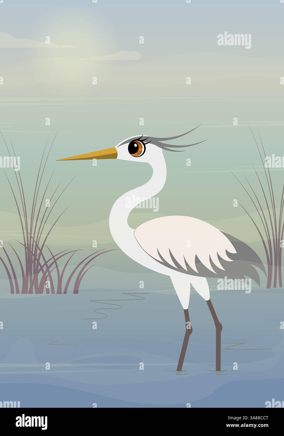 Vector birds. A heron stands on a foggy swamp. Animals collection ...