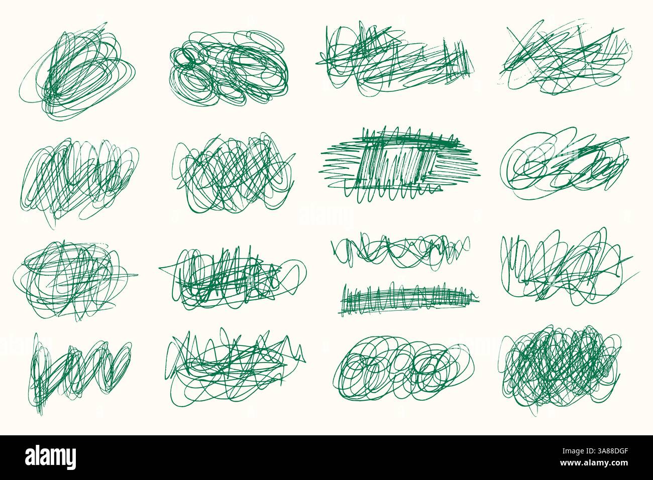 Tangled chaotic crazy lines set. Random green chaotic scribble lines collection on white ...