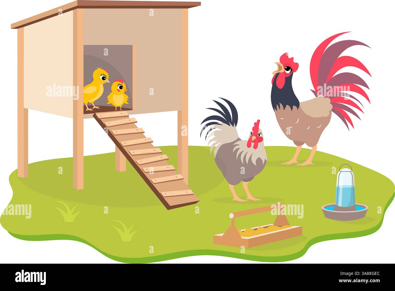 Farm Animals. Cute farm. Chickens in a hen house and a crowing rooster ...