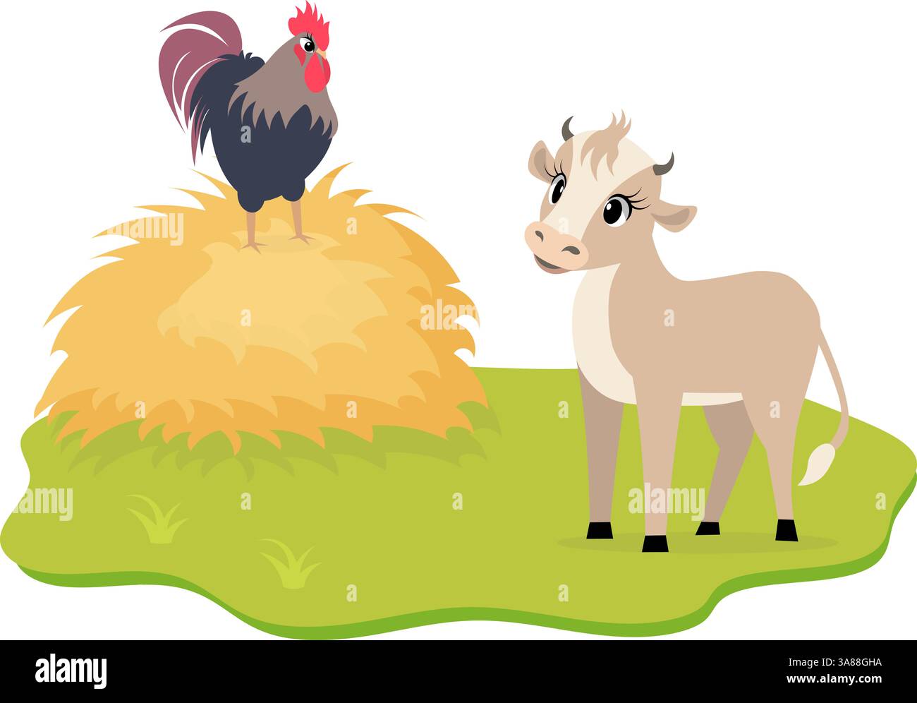Farm Animals. Cute farm. A cute calf looks at a rooster on a haystack ...