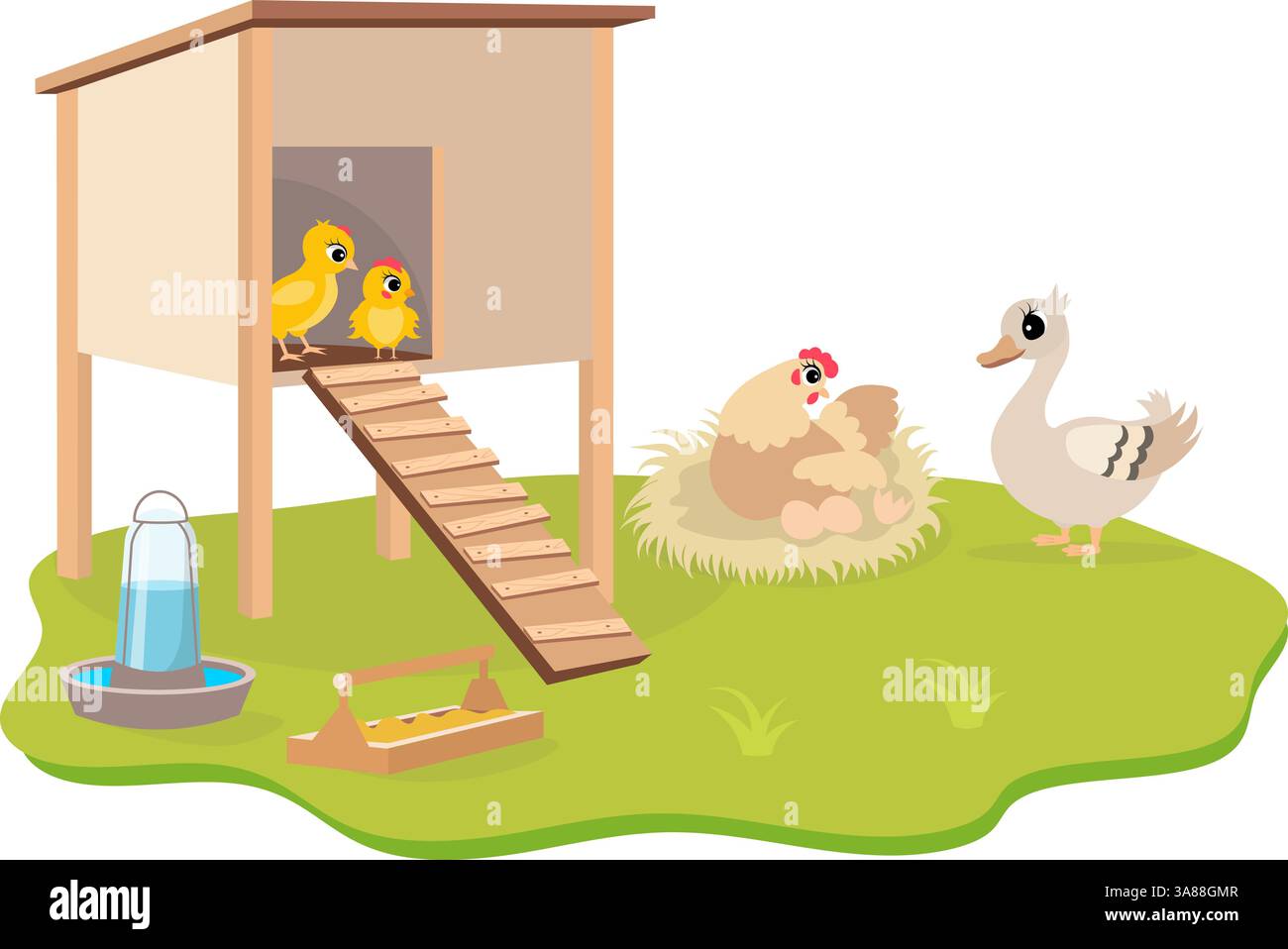 Farm Animals. Cute farm. Chickens in the coop, a broody hen and a duck ...