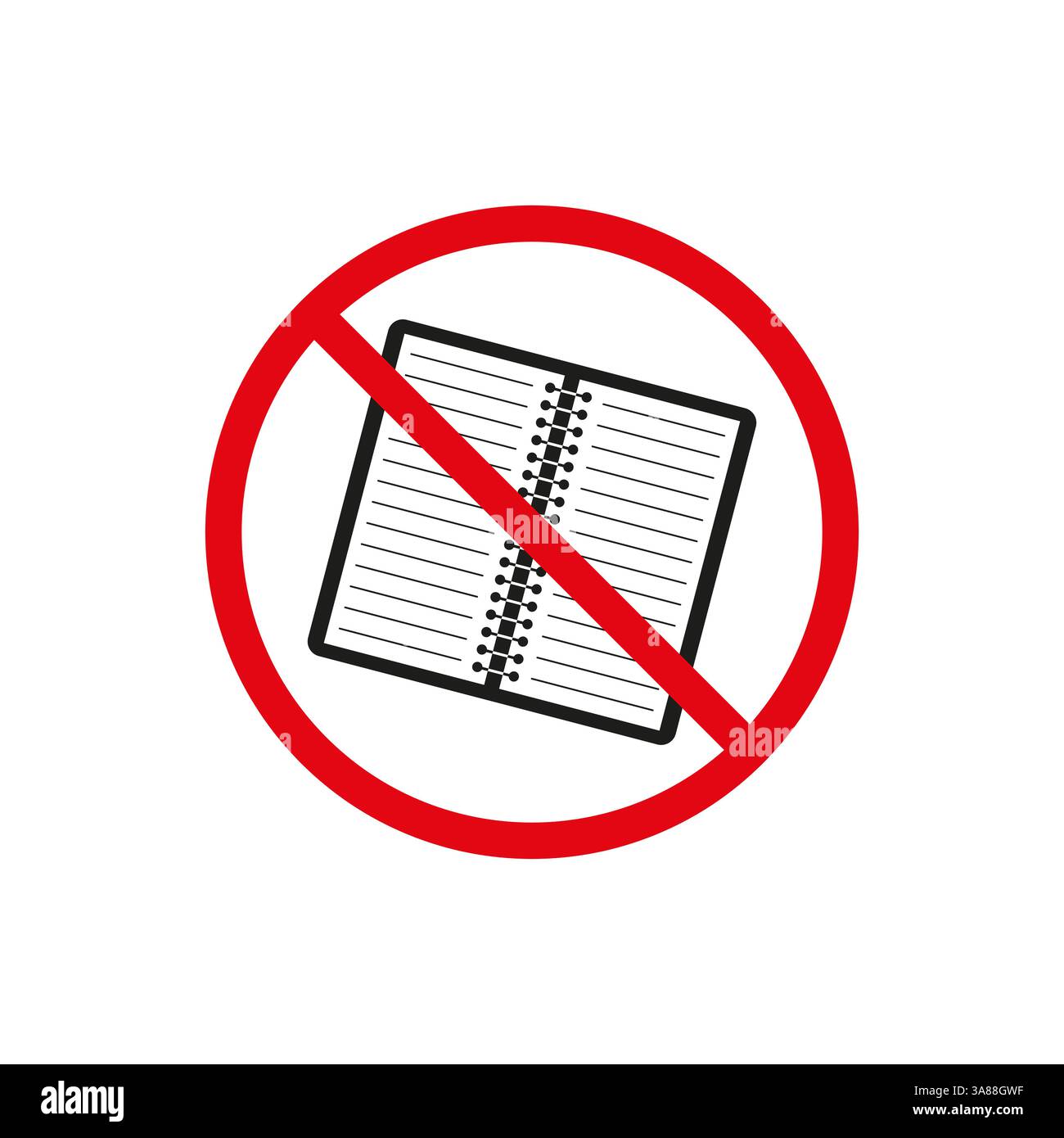 No notebook symbol. Spiral bound book icon. Prohibited sign ...