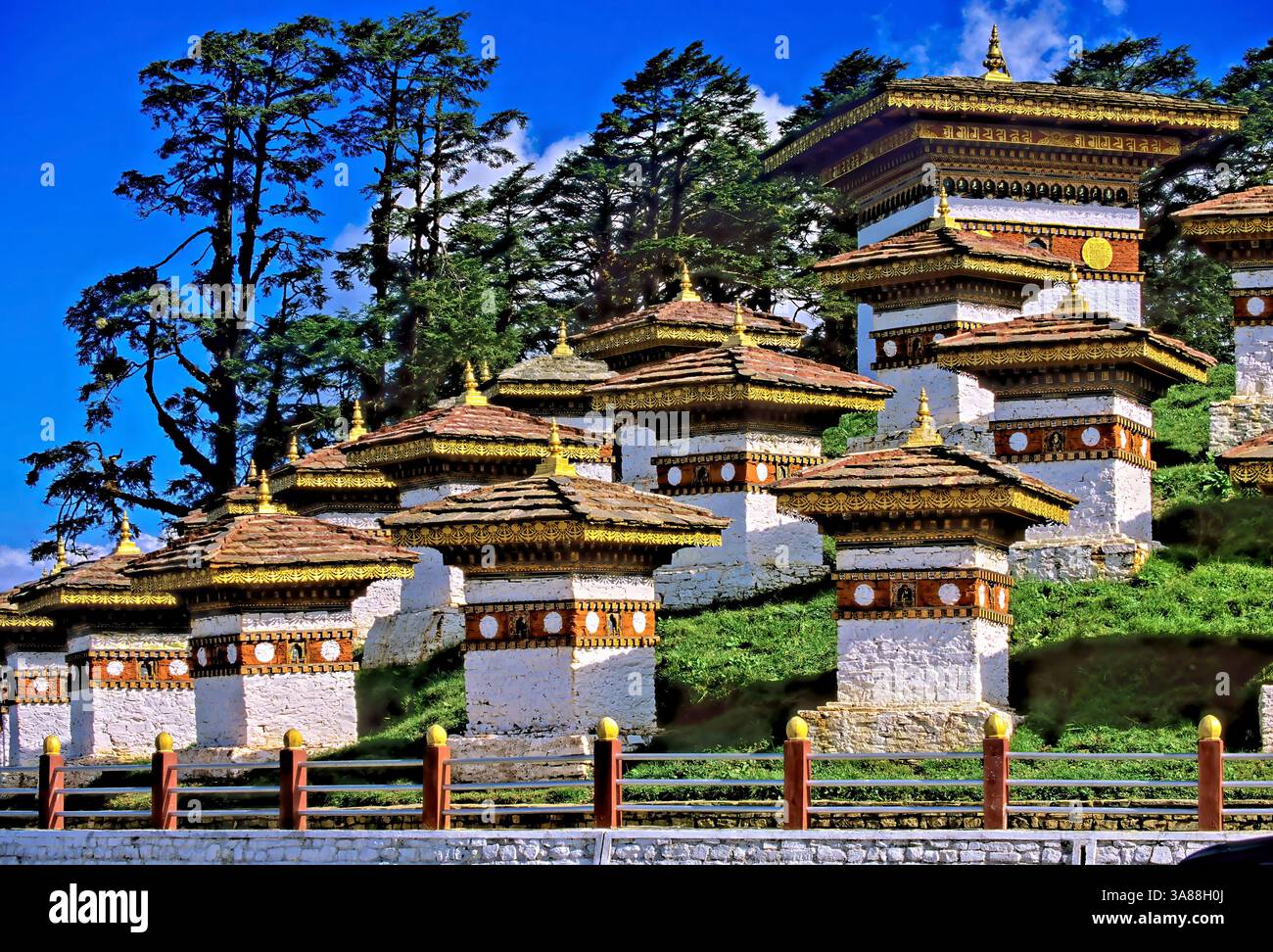 BHUTAN: Dochu la Pass, Central Bhutan. Temples of prayer Stock Photo ...