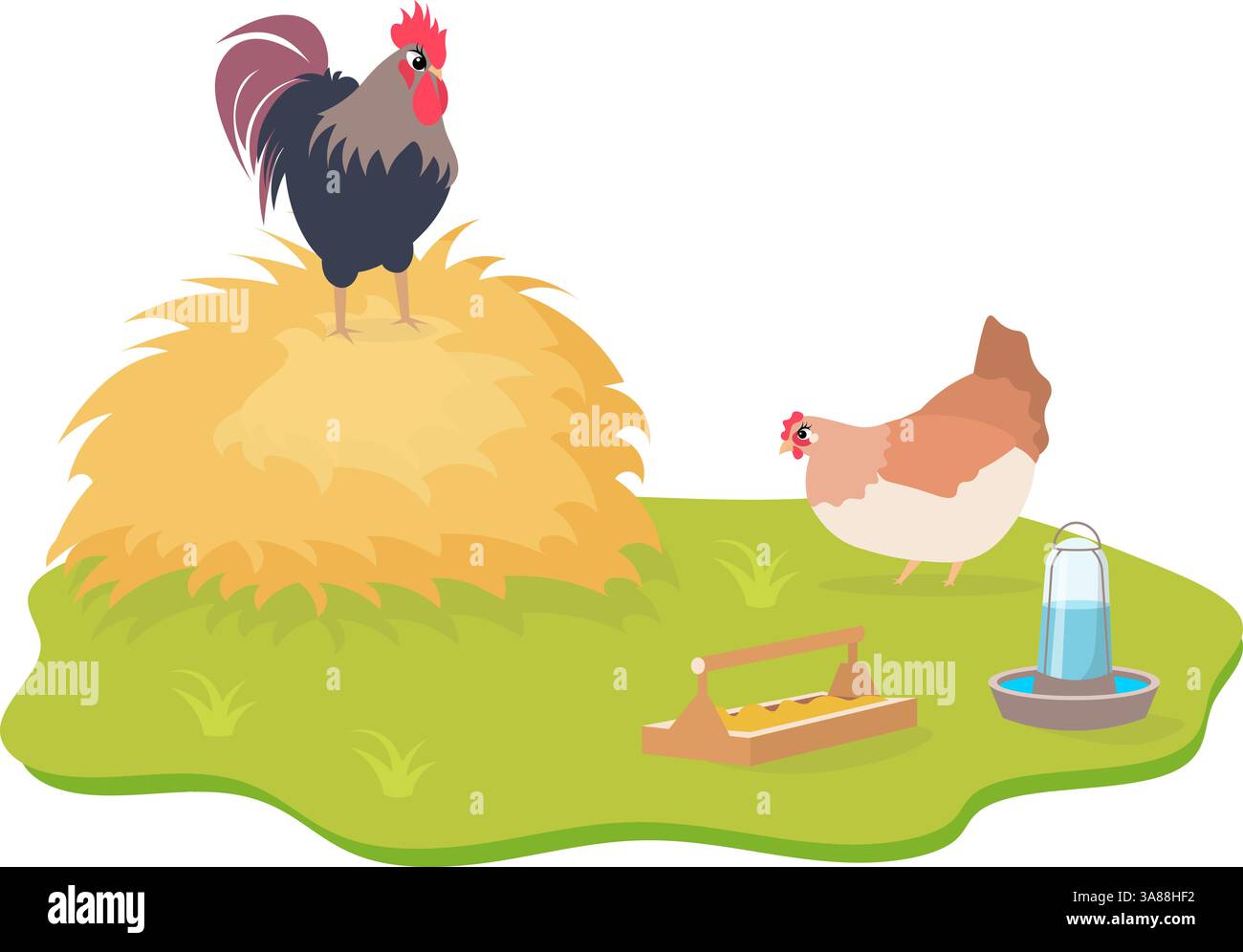 Farm Animals. Cute farm. Red hen and rooster on a haystack in a ...