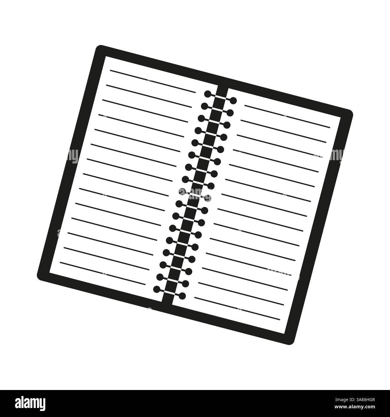 Notebook illustration. Open spiral binding. Lined paper symbol. Black ...