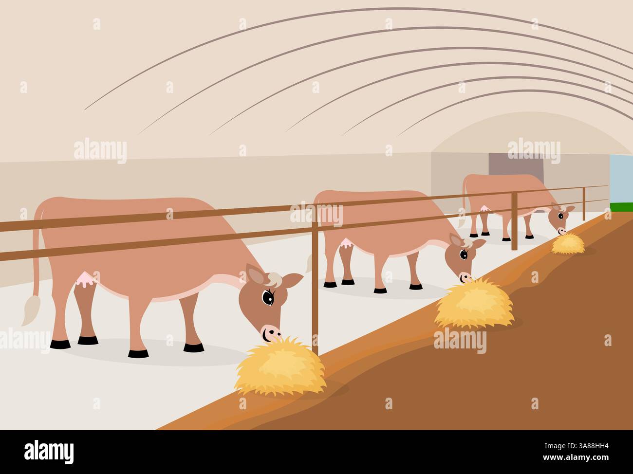 Farm Animals. Cute farm. Cows eat hay inside a barn in a farmyard. Collection of farm animals in ...