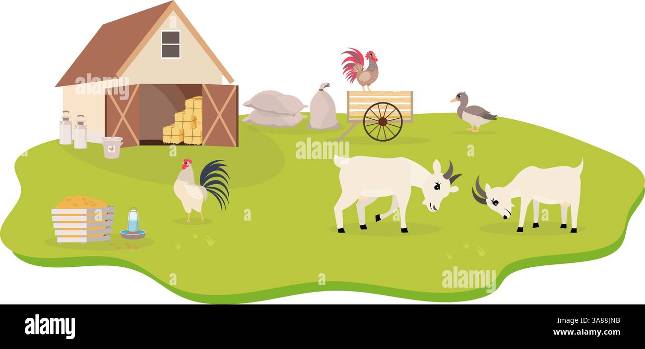 Farm Animals. Cute farm.Roosters, goats and a goose in a farmyard ...