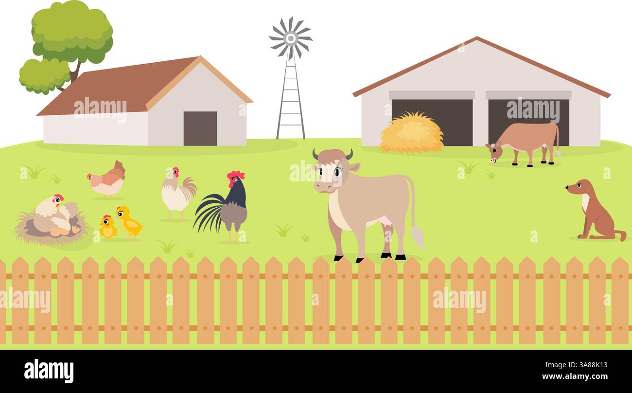 Farm Animals. Cute farm. Chickens, rooster, cows and a dog in a ...
