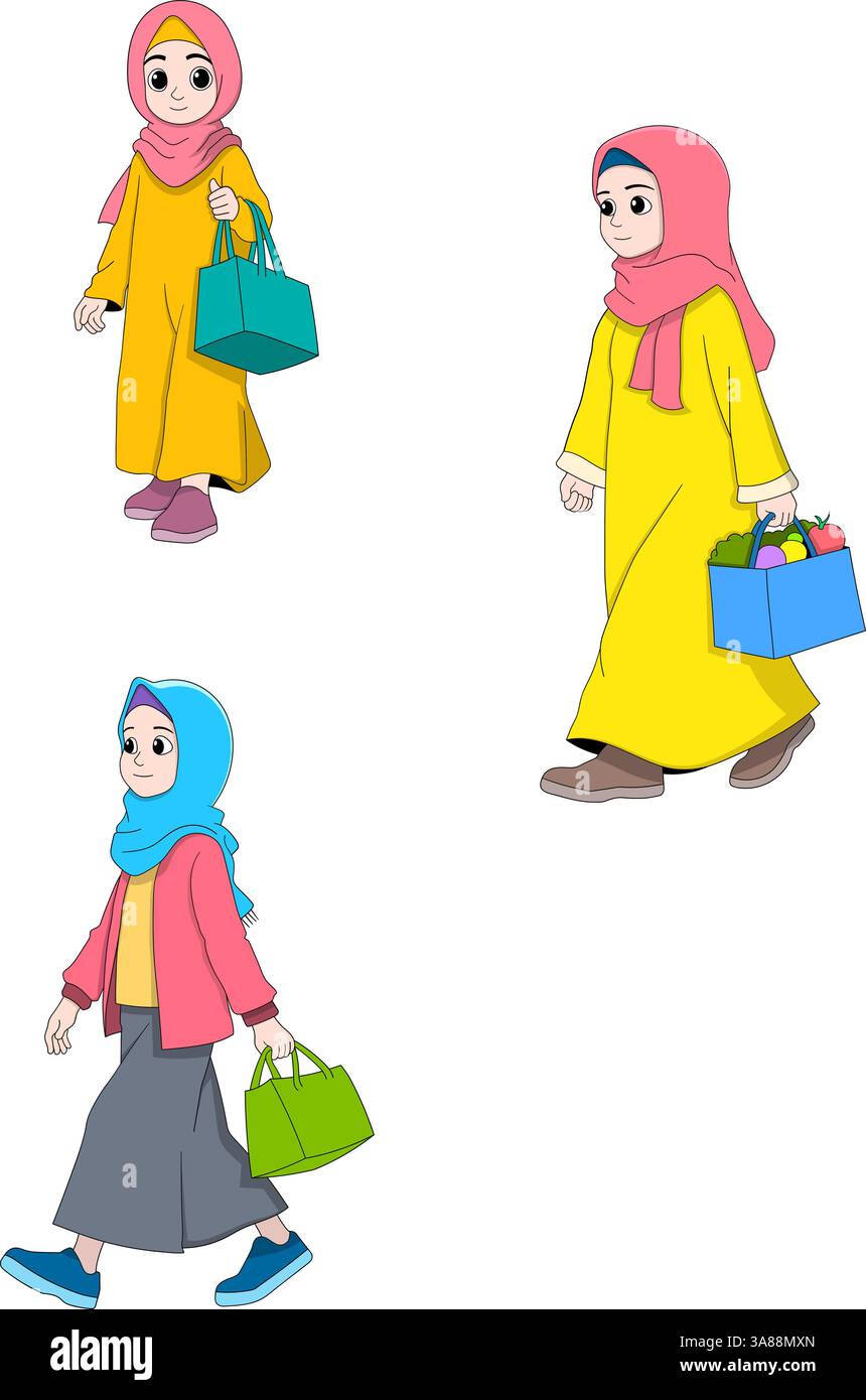 This illustration set features three cartoon Muslim women wearing ...