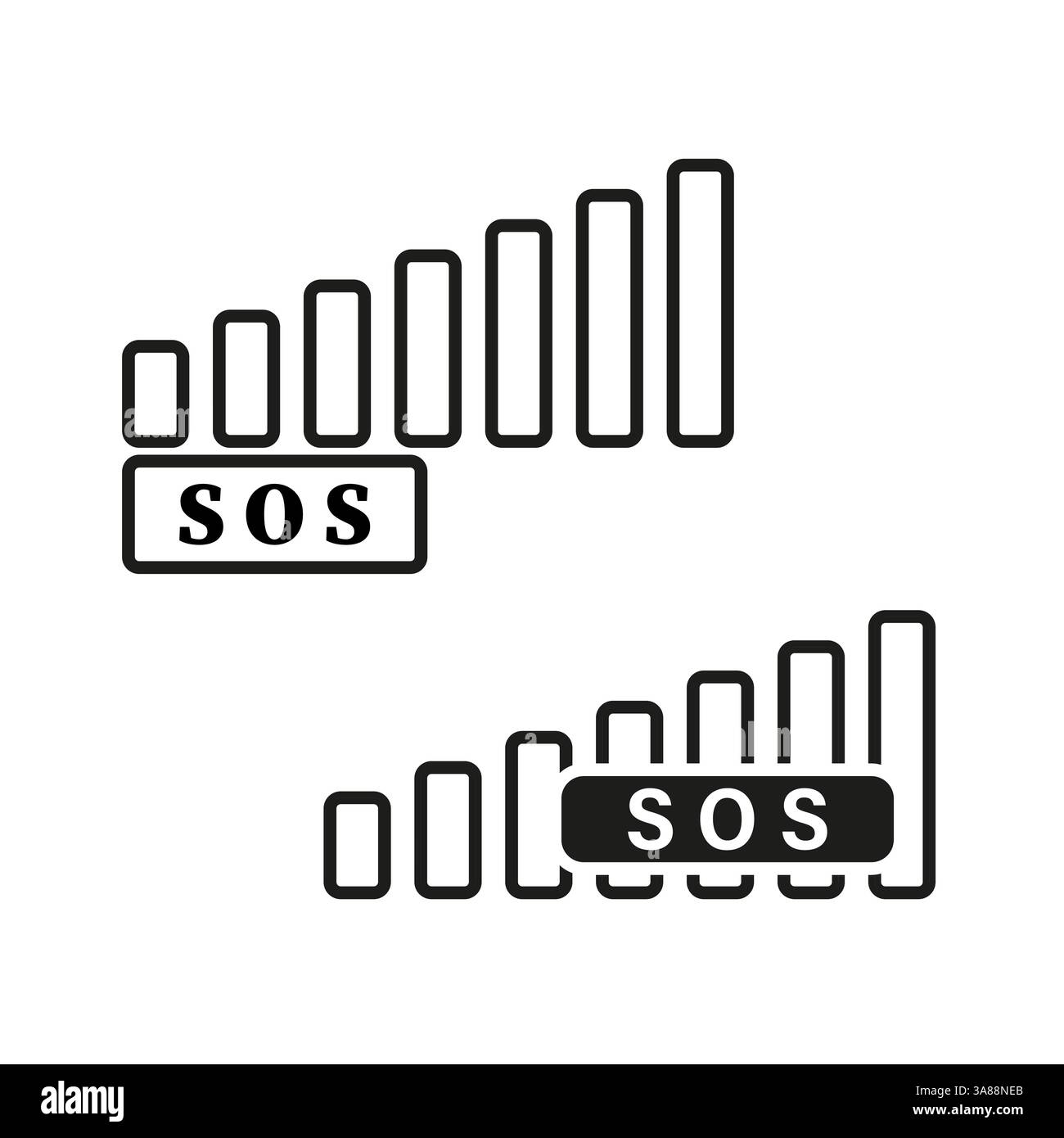 Signal strength icons. Emergency SOS sign. Black vector design. Bar ...