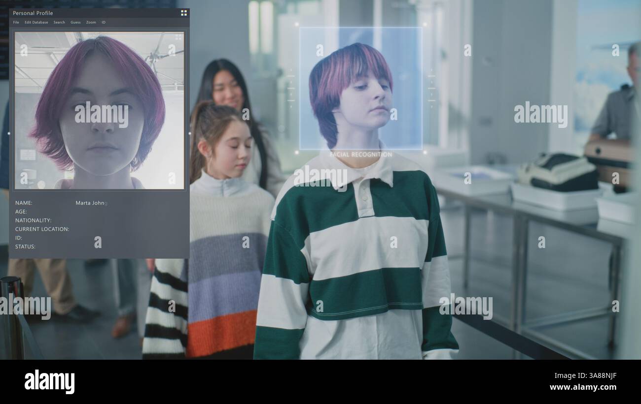 Security Checkpoint: Queue of Diverse People Passing Biometric AI Face ...