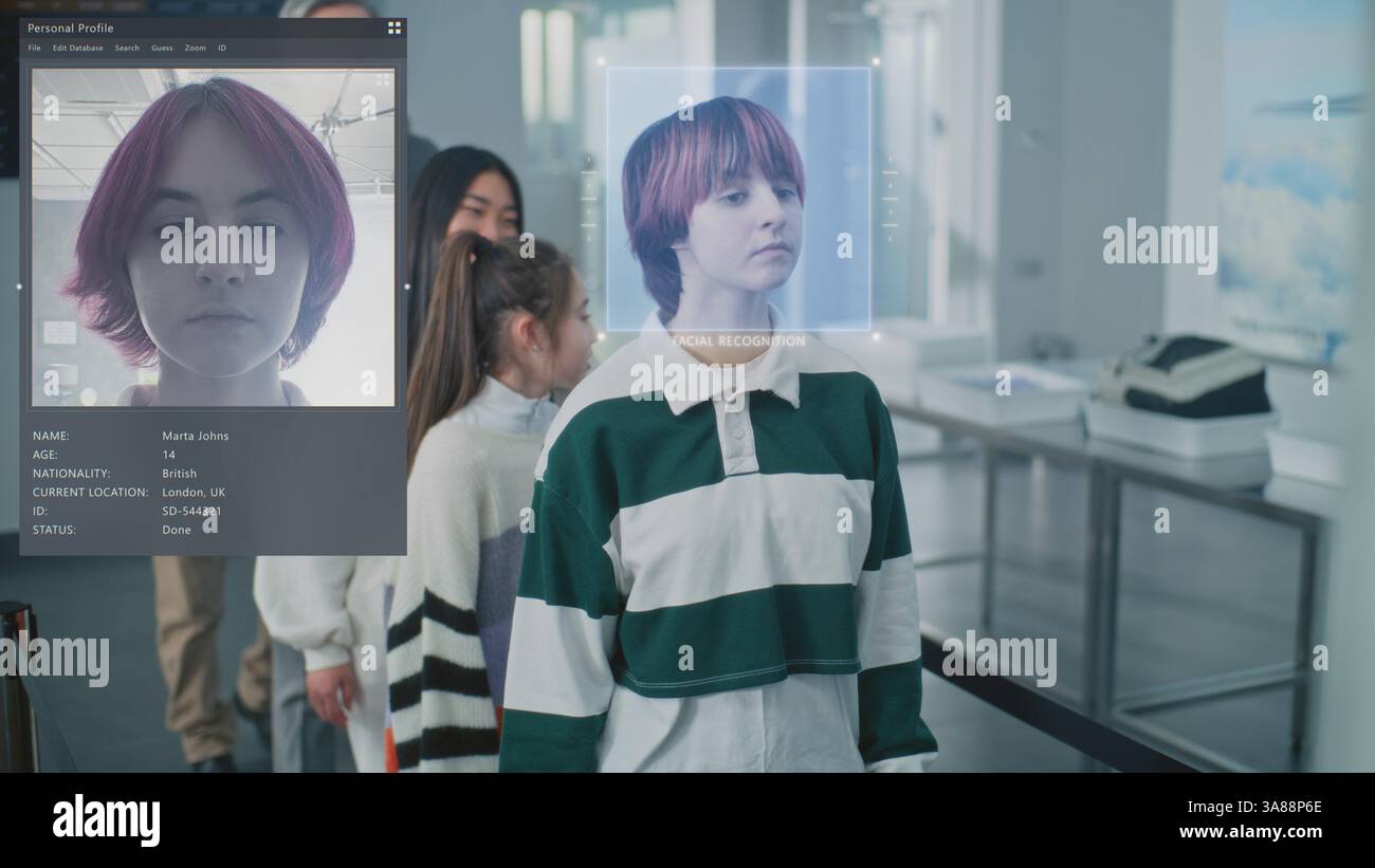 Security Checkpoint: Queue of Diverse People Passing Biometric AI Face ...