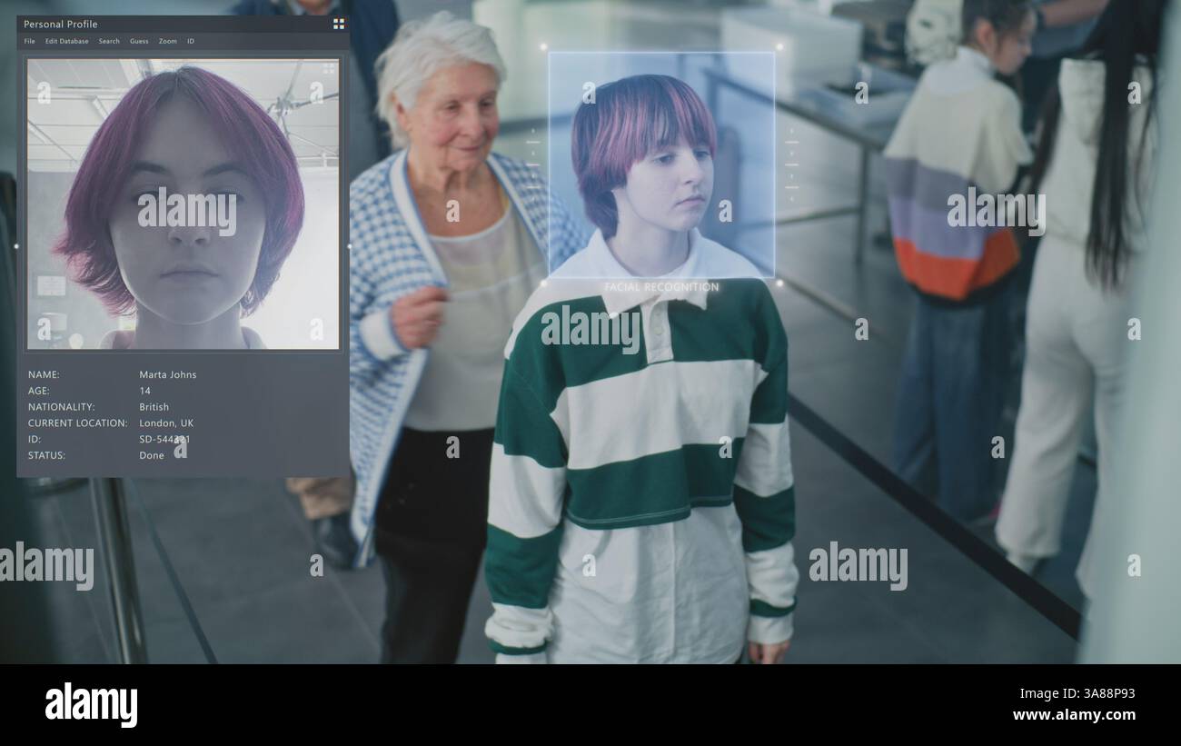 Security Checkpoint: Queue of Diverse Passengers Passing Biometric AI Face Scanning at Border ...