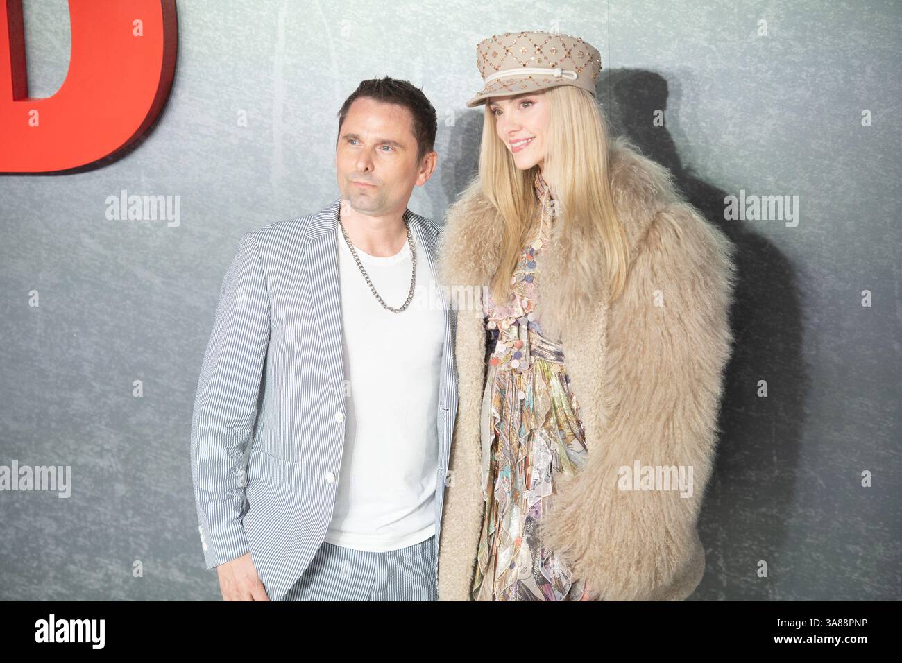 London, UK. 27 Mar, 2025. Pictured: Matt Bellamy and wife Elle Evans ...