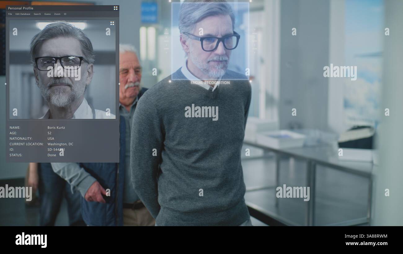 Security Checkpoint: Queue of Diverse People Passing Biometric AI Face ...