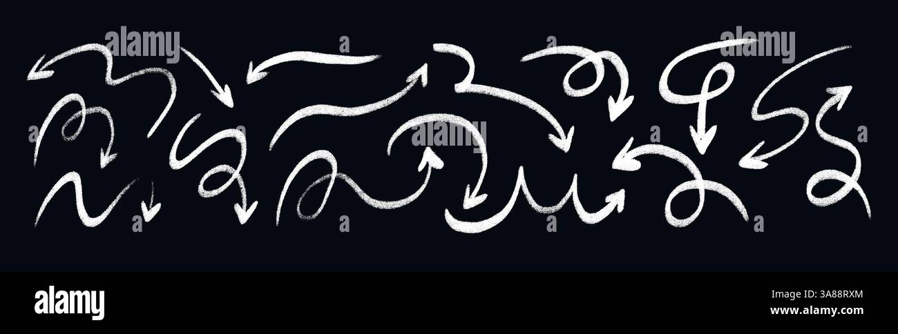 Hand-drawn brush arrows with chalk strokes, scribbled pencil and crayon ...