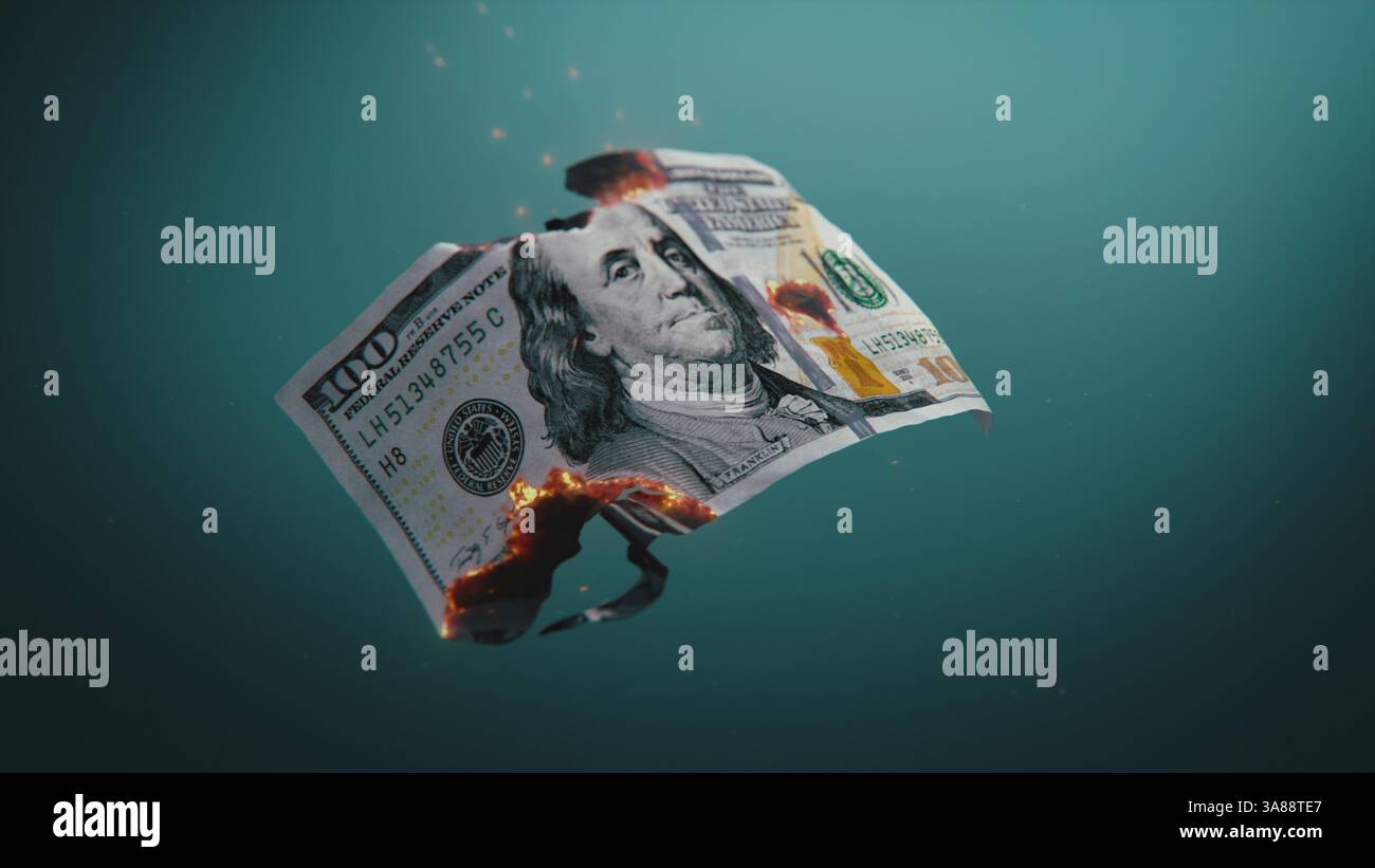 3D Render of Burning One Hundred Dollar Bill. Visualization of Economic ...