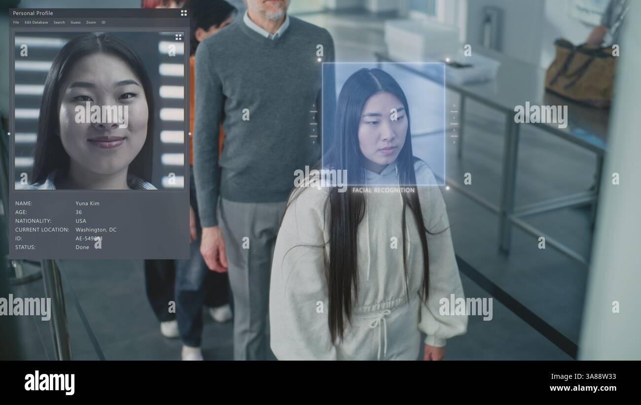 Security Checkpoint: Queue of Diverse Passengers Passing Biometric AI Face Scanning at Border ...
