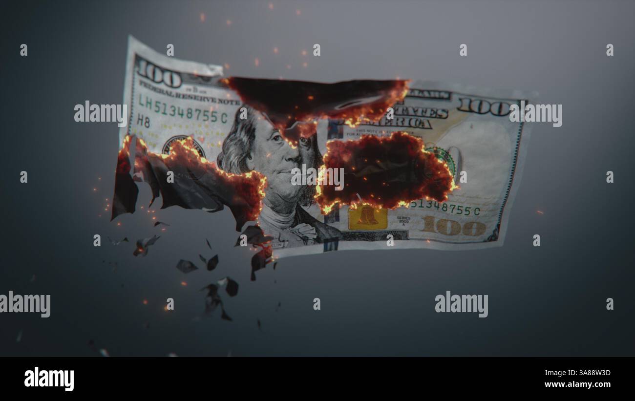 3D Graphics of Burning One Hundred Dollar Bill. Visualization of ...