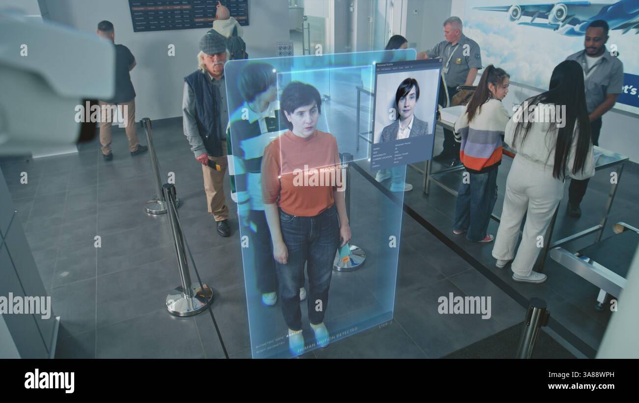 Airport Checkpoint: Queue of Diverse People Passing Biometric AI Face Scanning at Border Control ...