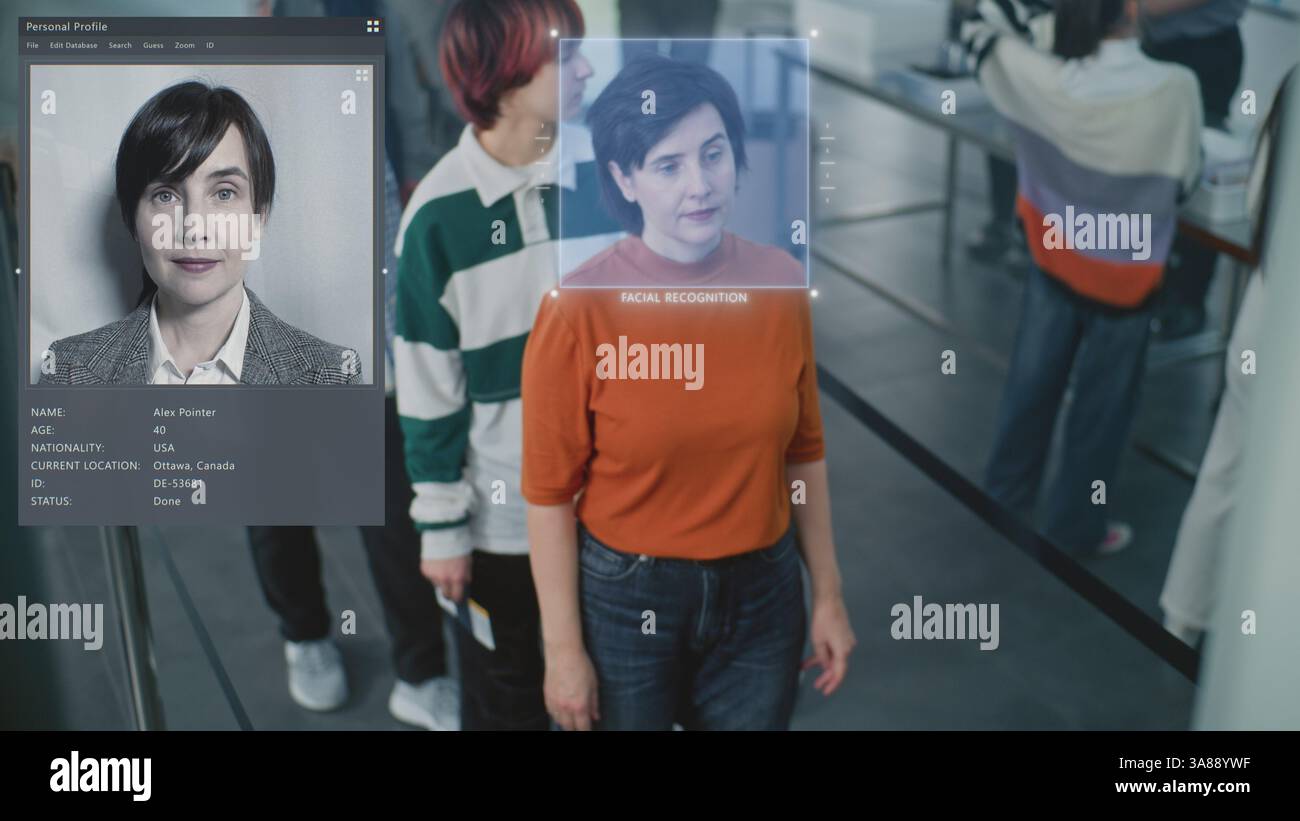 Security Checkpoint: Queue of Diverse Passengers Passing Biometric AI Face Scanning at Border ...
