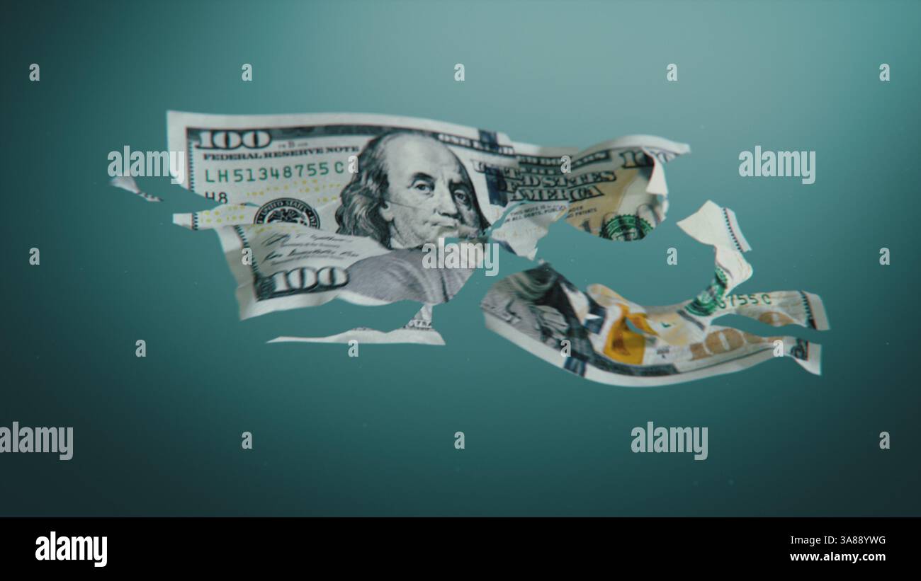 3D Graphics of One Hundred Dollar Bill Torn Into Pieces. Visualization ...