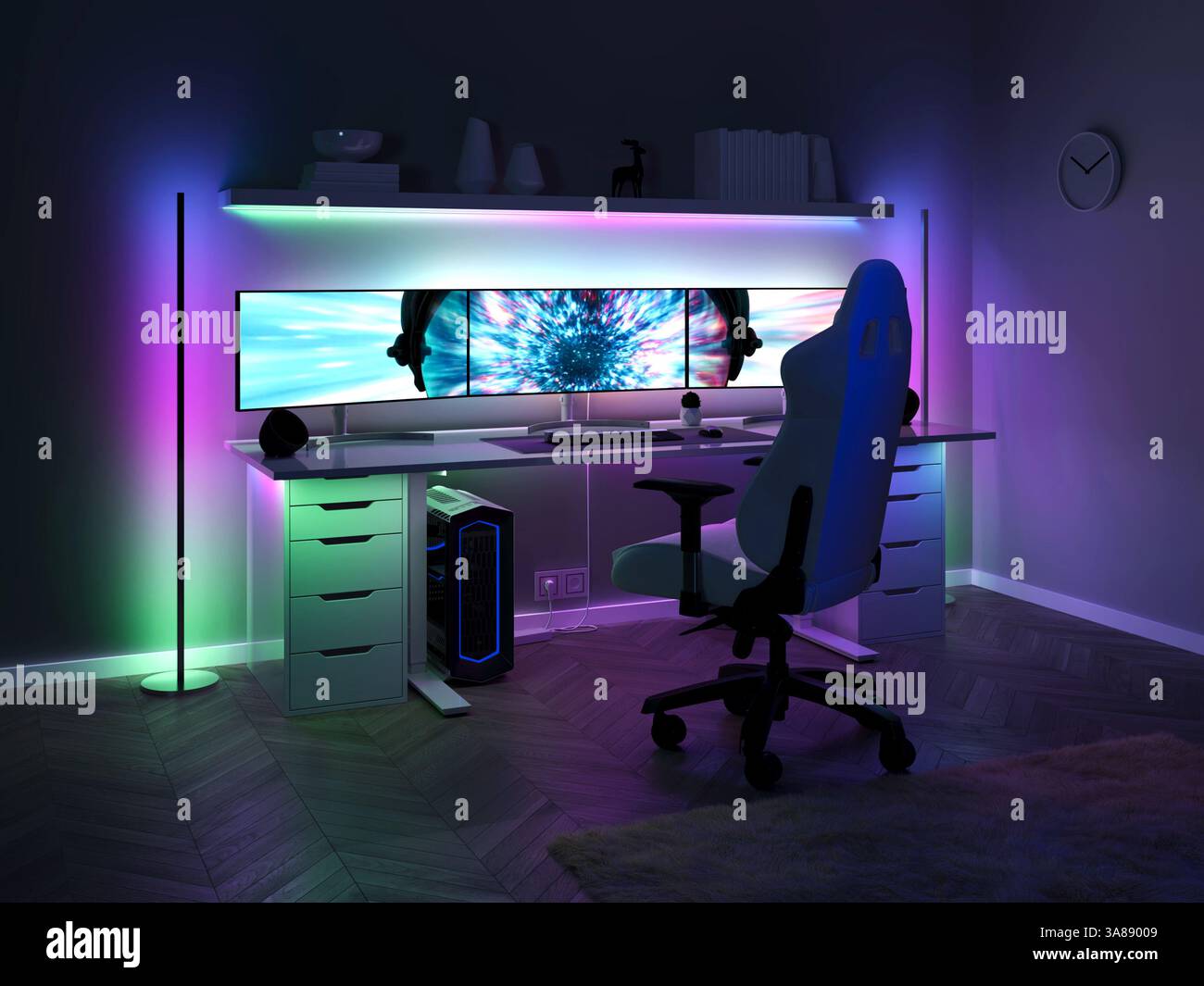 This image showcases a modern gaming room with gradient LED lighting ...