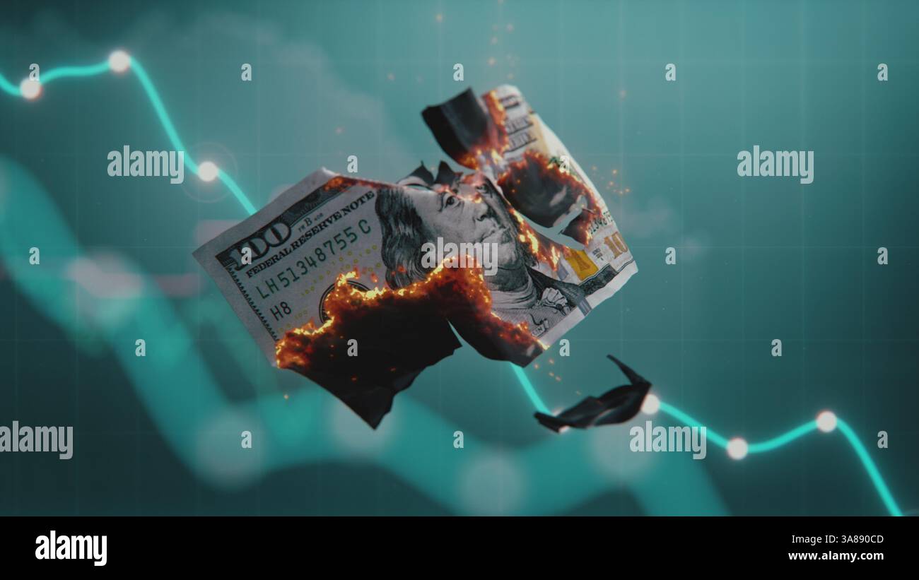 3D Graphics of Burning Hundred Dollar Bill and Charts. Visualization of ...