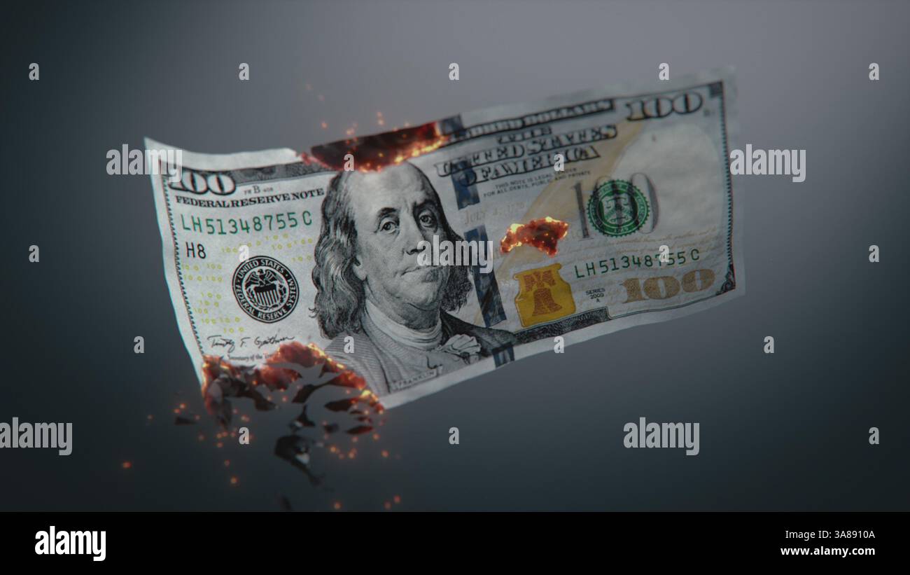 3D Graphics of Burning One Hundred Dollar Bill. Visualization of ...