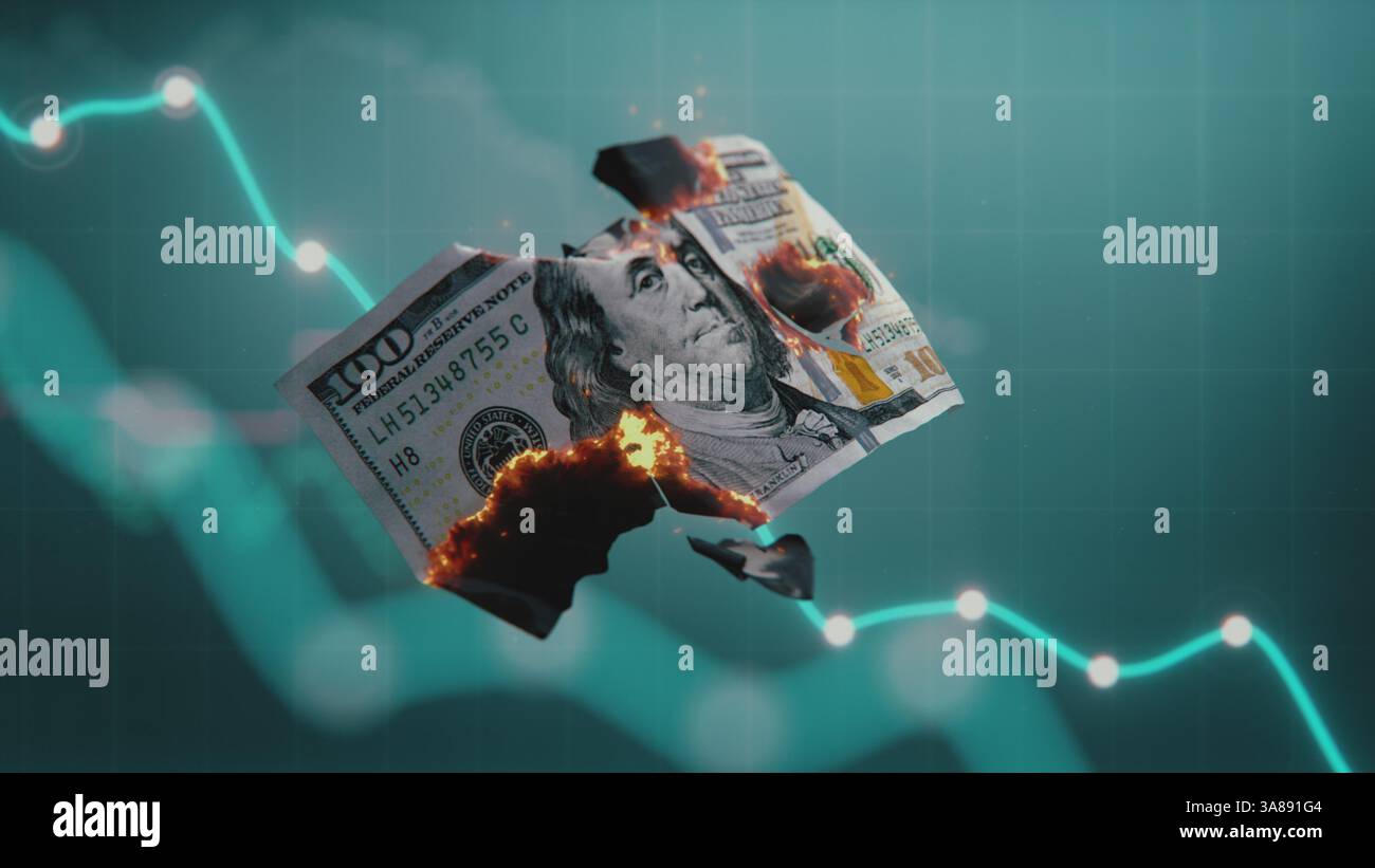 3D Graphics of Burning Hundred Dollar Bill and Charts. Visualization of ...