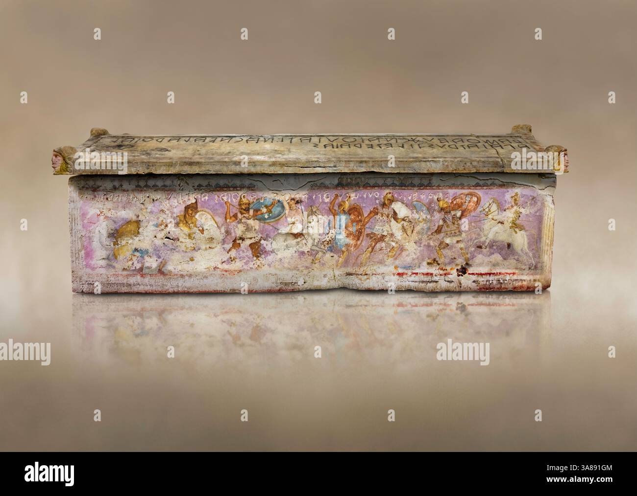 A rare Etruscan full length painted sarcophagus with paintings ...