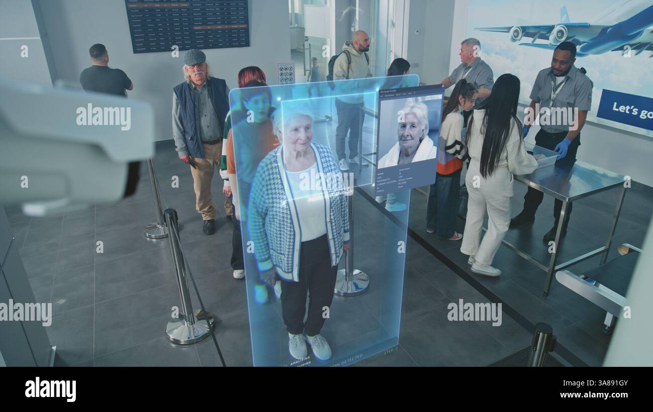 Airport Checkpoint: Queue of Diverse People Passing Biometric AI Face Scanning at Border Control ...