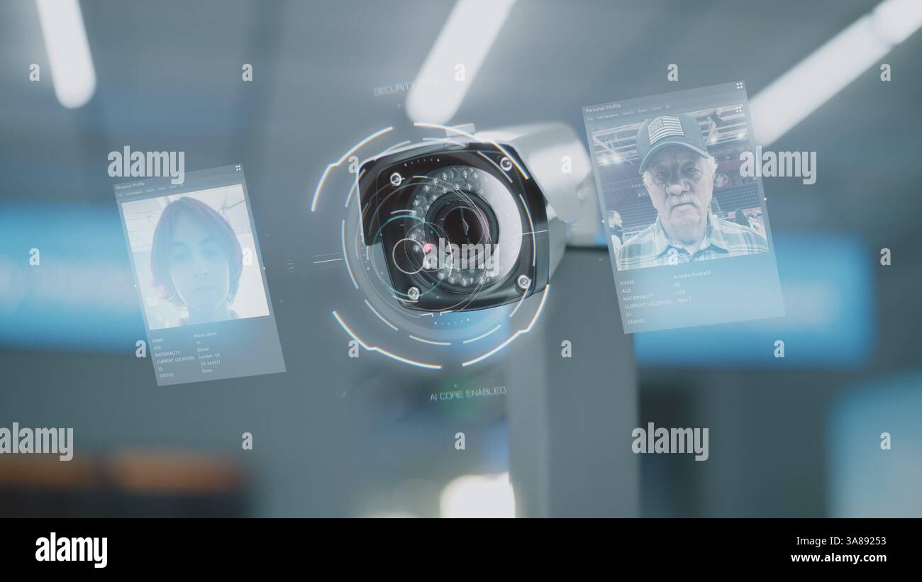 Modern Airport Security System: Close Up of Surveillance Camera with Biometric Facial ...