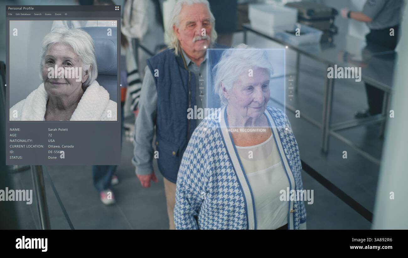 Security Checkpoint: Queue of Diverse Passengers Passing Biometric AI Face Scanning at Border ...