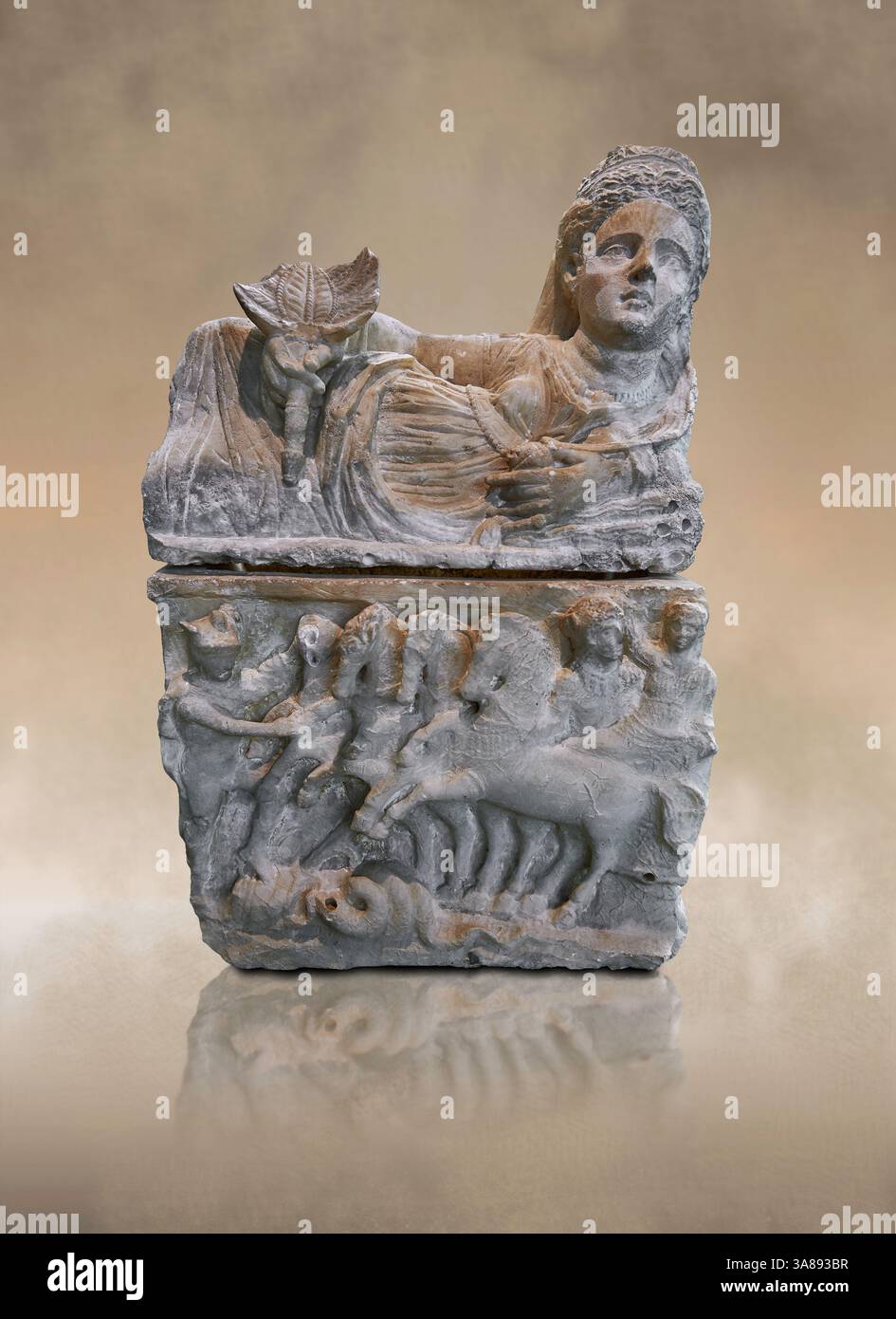 Etruscan small funerary cinerary urn (cineraria) depicing a women lying ...