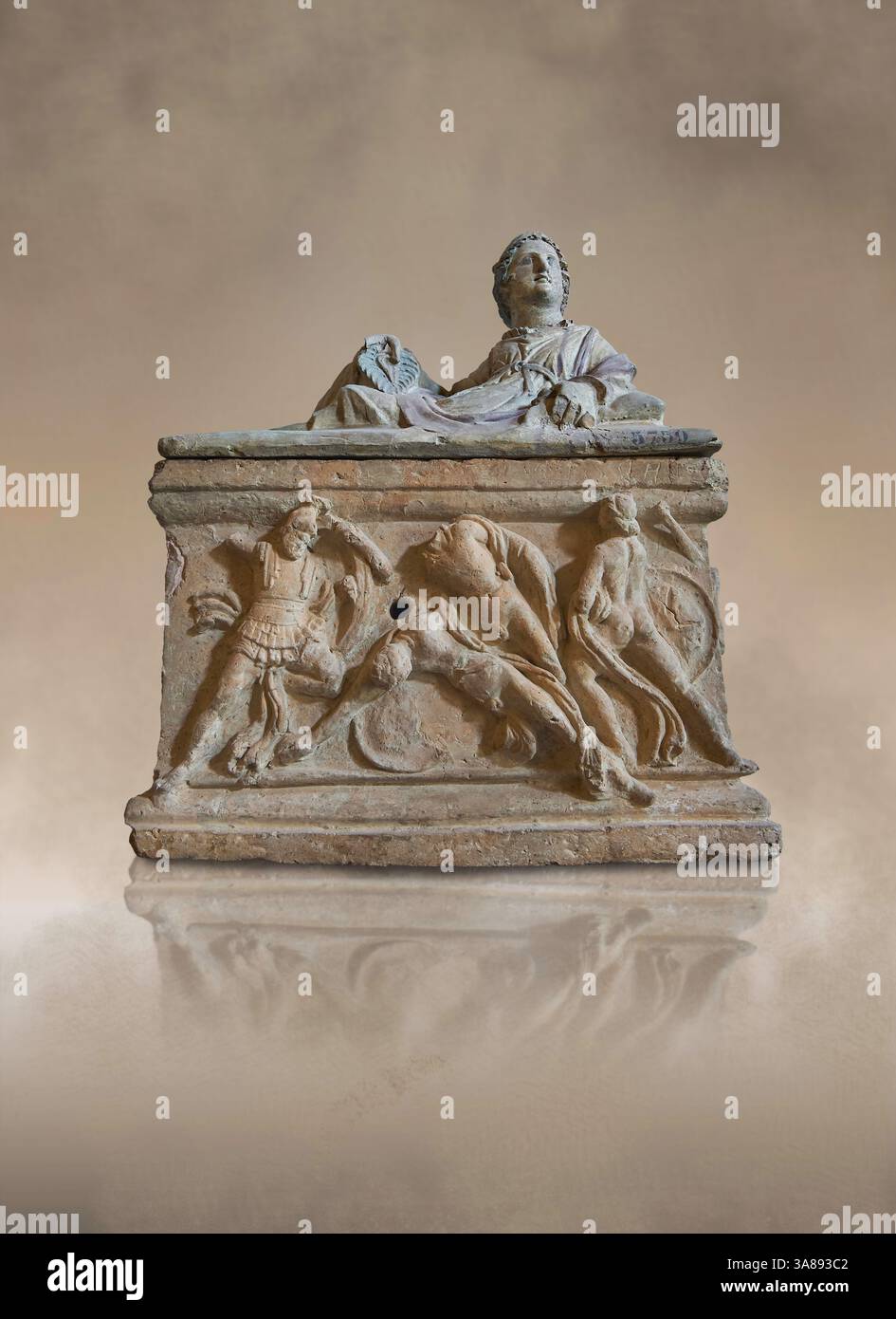 Etruscan small funerary cinerary urn (cineraria) depicing a women lying ...