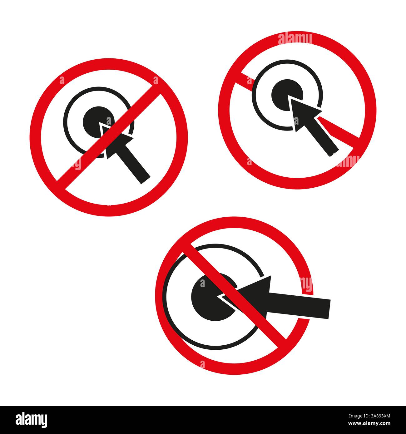 No cursor icons. Prohibited pointer shapes. Warning symbol circle. Red ...