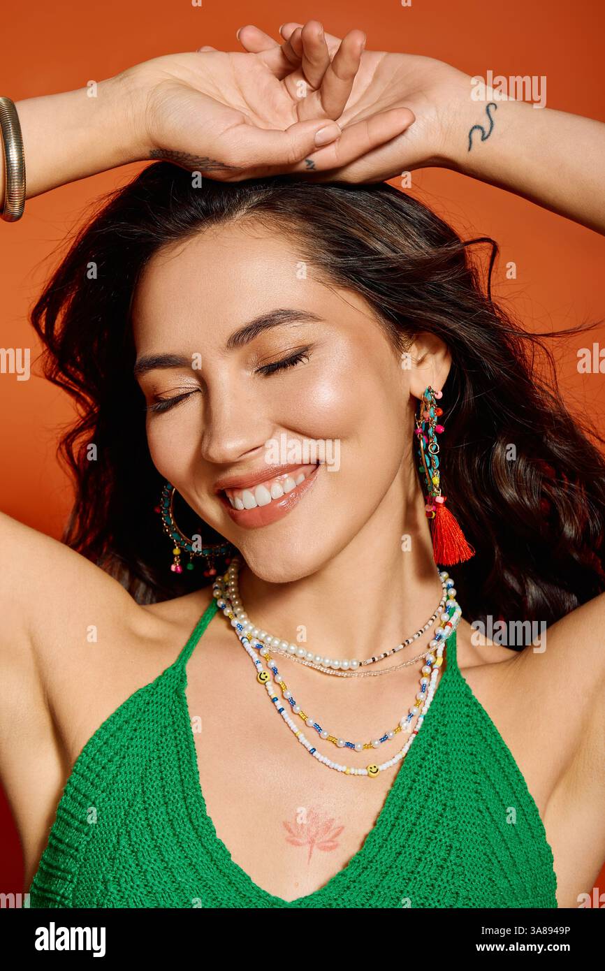 Young woman radiates joy and confidence while embracing warm summer ...