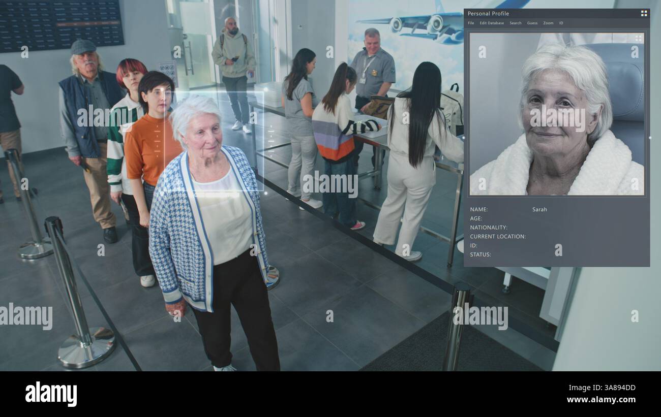 Security Checkpoint: Queue of Diverse People Passing Biometric AI Face Scanning at Border ...