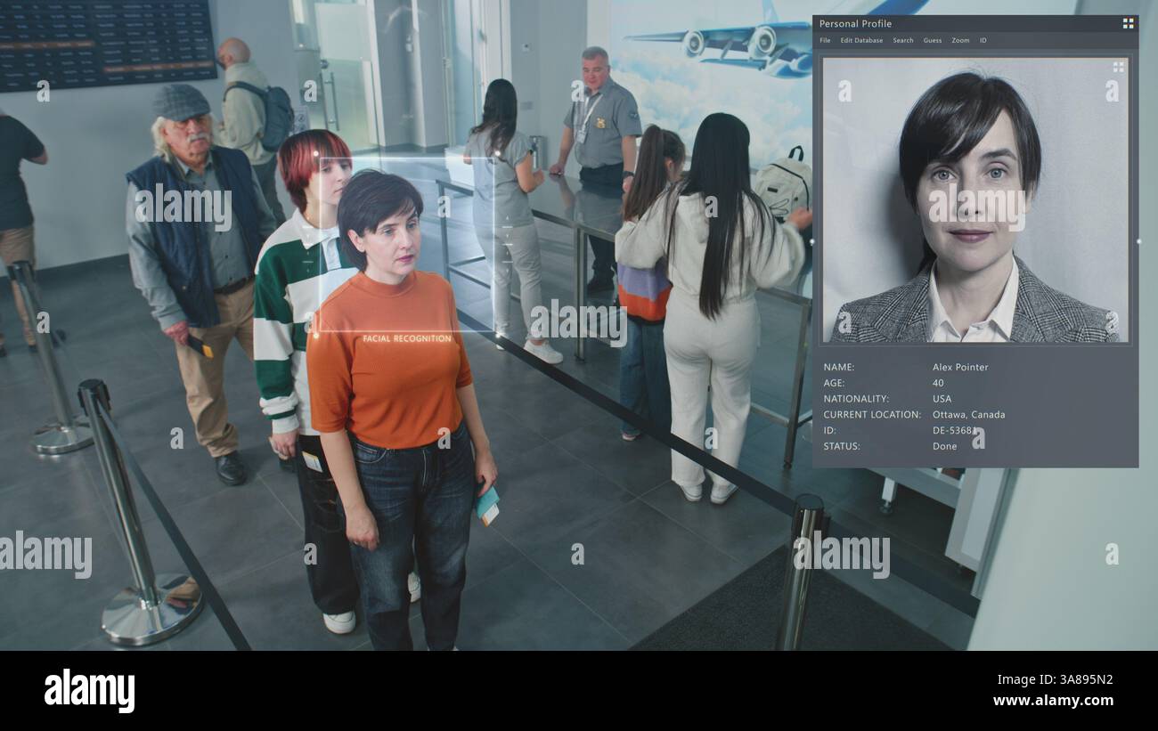 Security Checkpoint: Queue of Diverse People Passing Biometric AI Face Scanning at Border ...