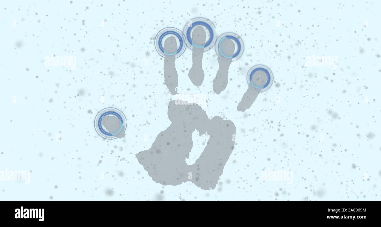 Image of hand print and scopes scanning with grey particles on white ...